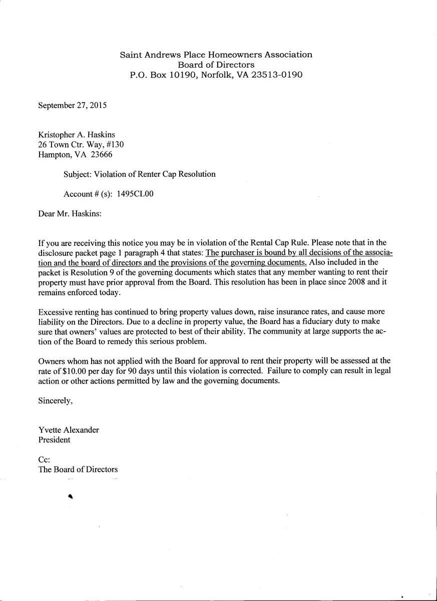 Hoa Violation Letter Template